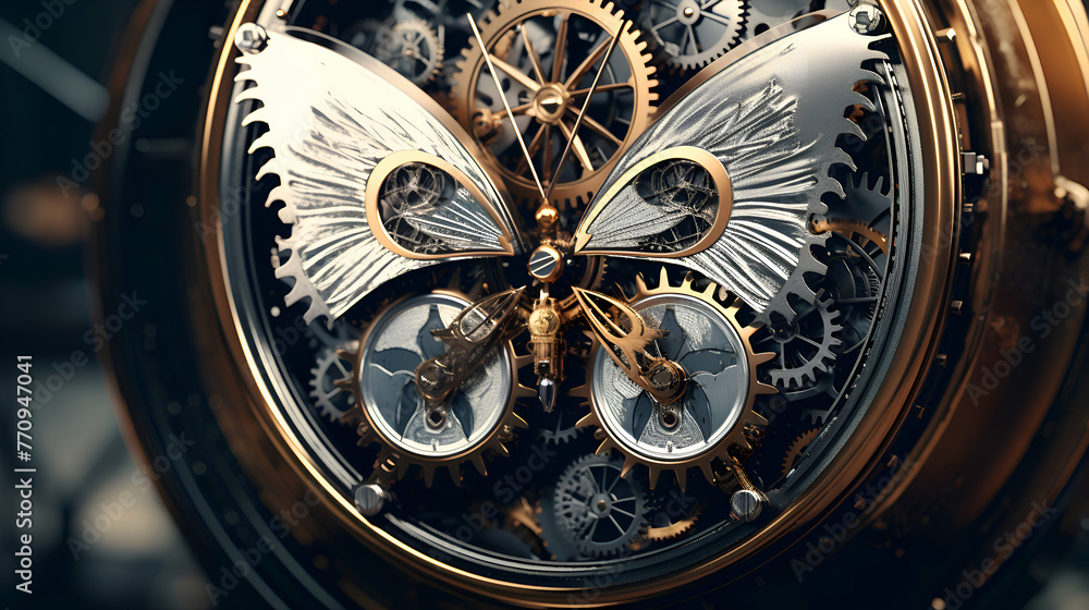 Mechanical watch mechanism with gears and arrows close up. 3D rendering ...