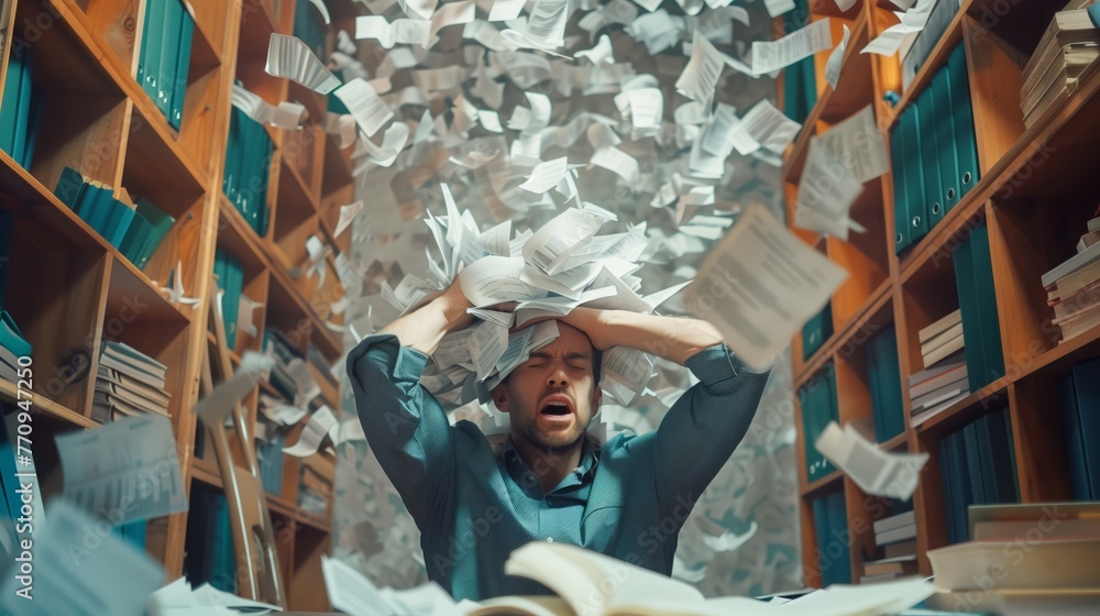 Person in the office appears desperate, holding their head while piles ...