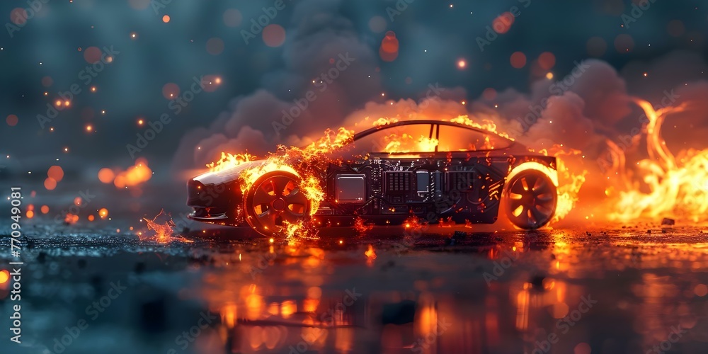 Foto de Stock image of an electric car lithium battery fire due to ...