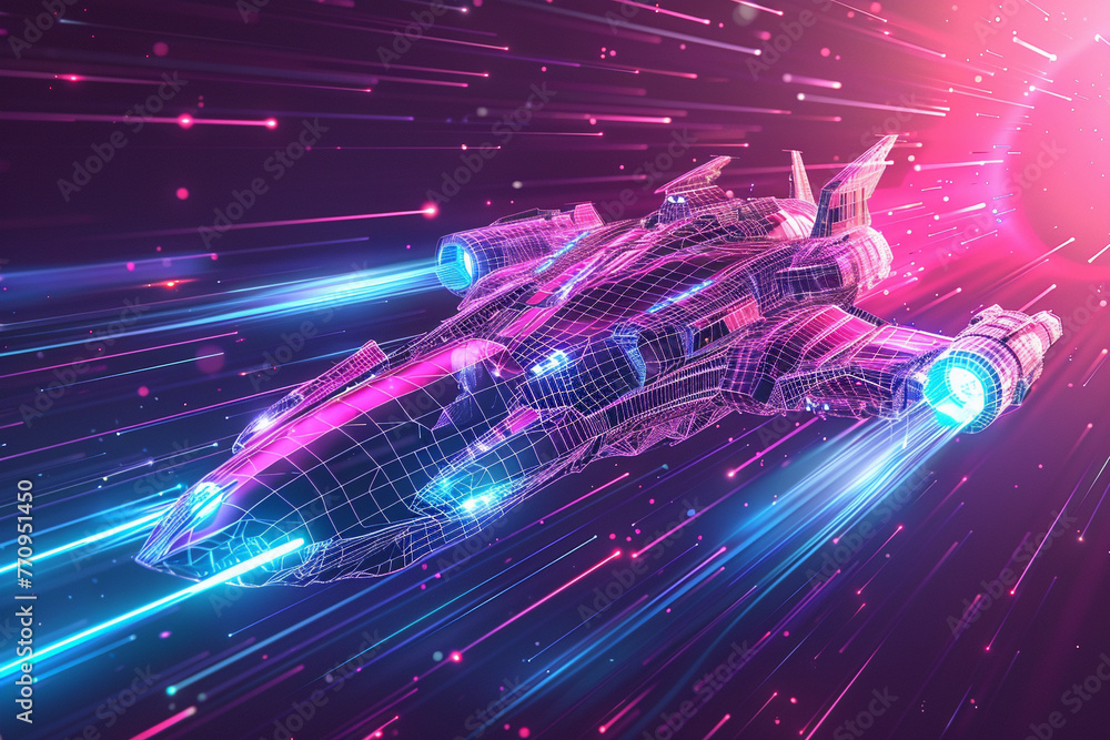A sleek spaceship crafted in a wireframe mesh design glides through the ...