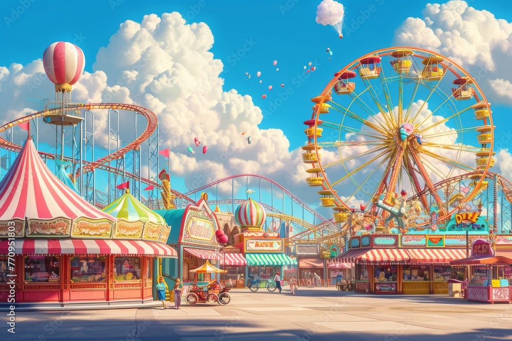 Amusement Park With Ferris Wheel and Rides, A lively amusement park ...