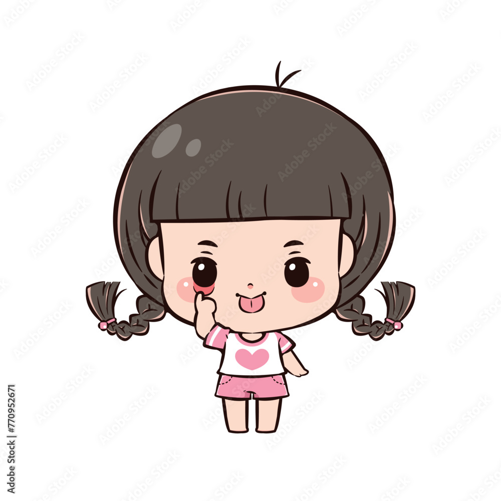 Cute cartoon little girl character, Act of pulling down one lower ...