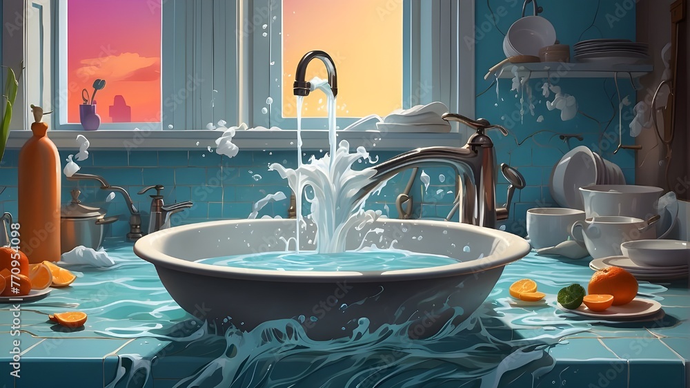 "An illustration showcasing water pouring from the tap in a kitchen ...