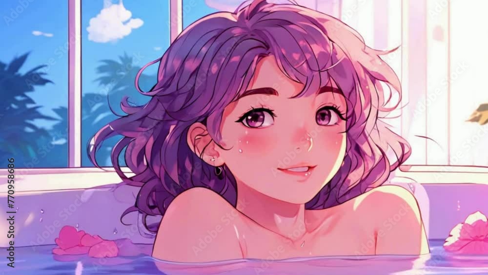 2D animation, anime girl takes a relaxing bath after a hard day ...