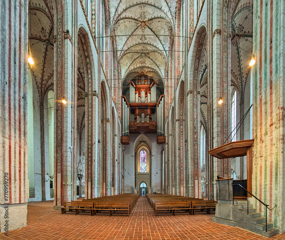 Lubeck, Germany. Interior of St. Mary's Church. View from choir to the ...