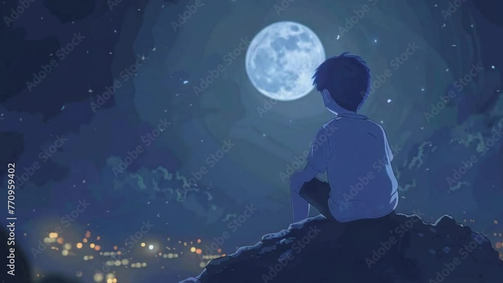 2D animation, young boy sitting on the top of the hill at night, look ...
