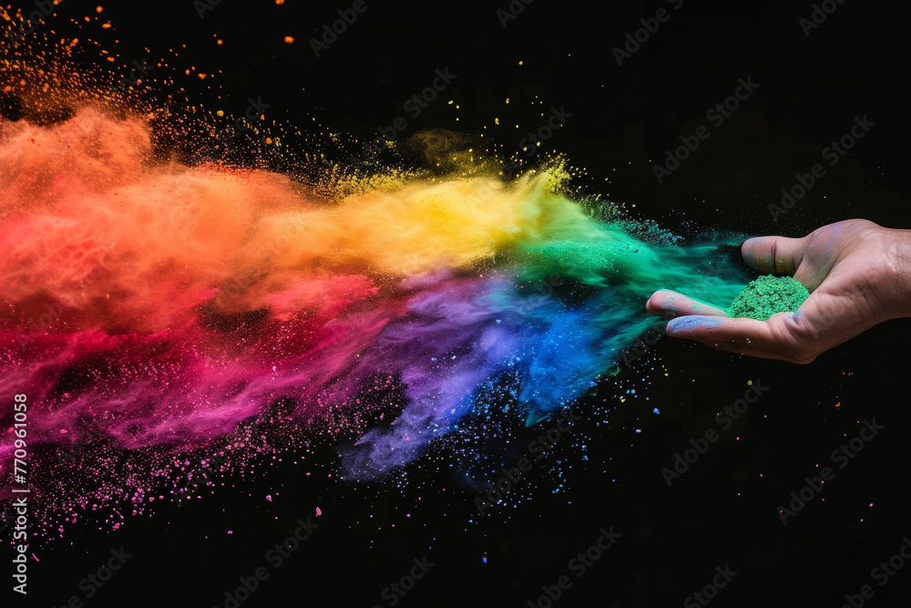 A magical explosion of rainbow-colored powder from a cupped hand ...
