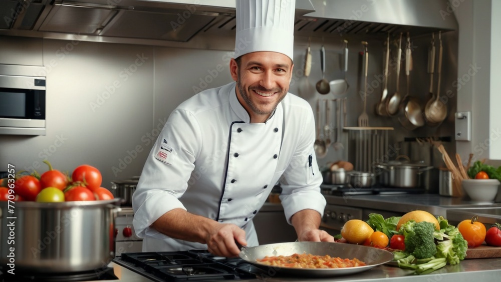 Portrait of a male chef working in the kitchen of a professional ...