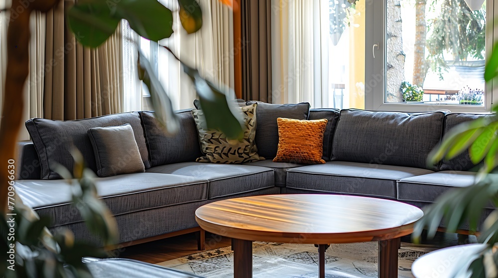 Side point of a corner couch with pads table and feasting table with ...