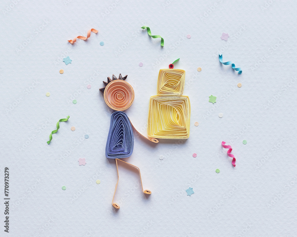 quilled stick figure man giving a cake. Happy birthday. Surprise ...