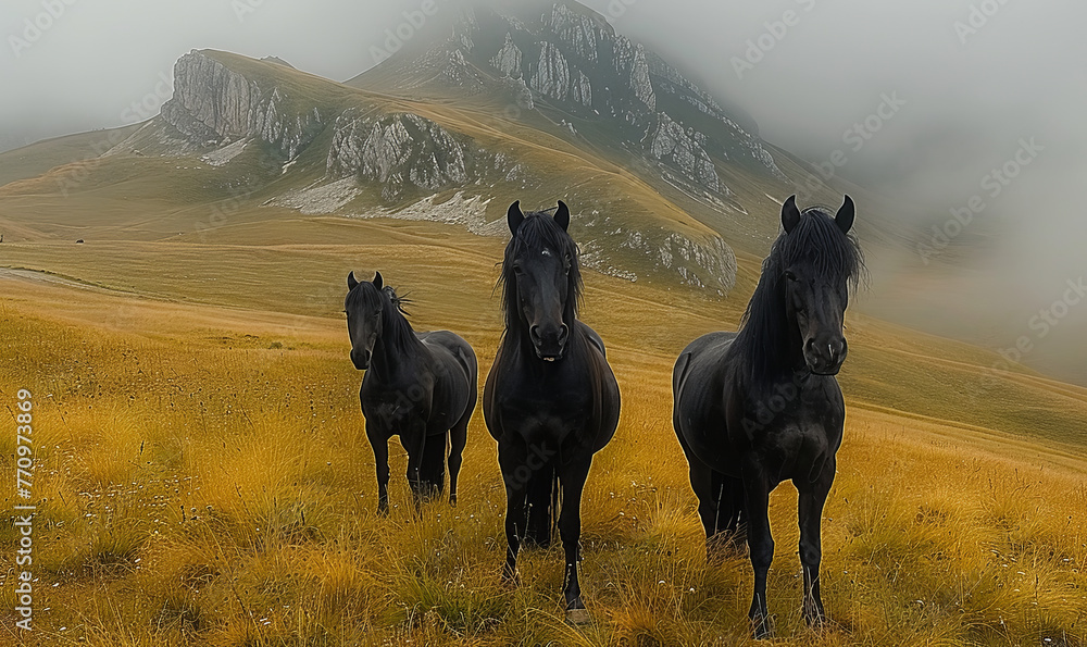 beautiful horses in a impressive beath taking landscape, generative ai ...
