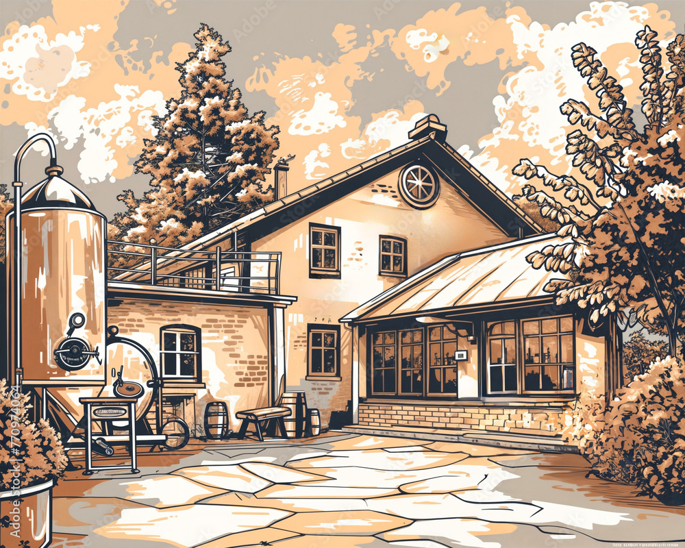 Vintage Distillery Etching, Winery, Brewery, in style of engraving ...