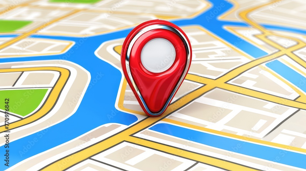 The red GPS marker serves as a symbolic landmark on the map ...