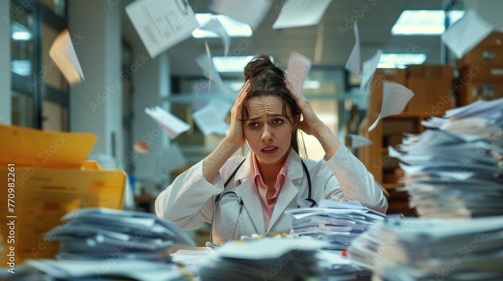 Desperate tired woman doctor in white coat in hospital office, holding ...