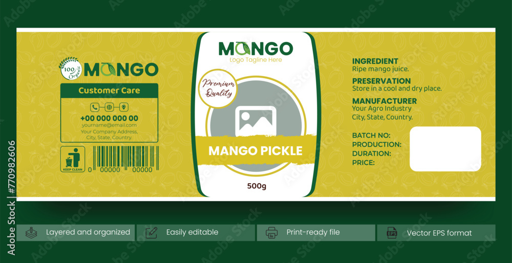 Mango pickle level design for jar, bottle or box Also, used for jam ...