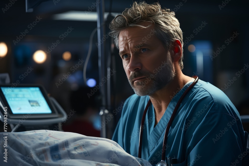 Female doctor comforting patient at bedside in hospital room with ...