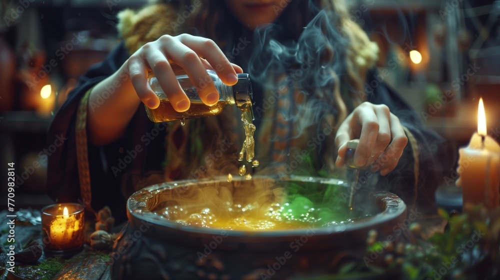 Witch making potion, female hands adds liquid in to boiling cauldron ...