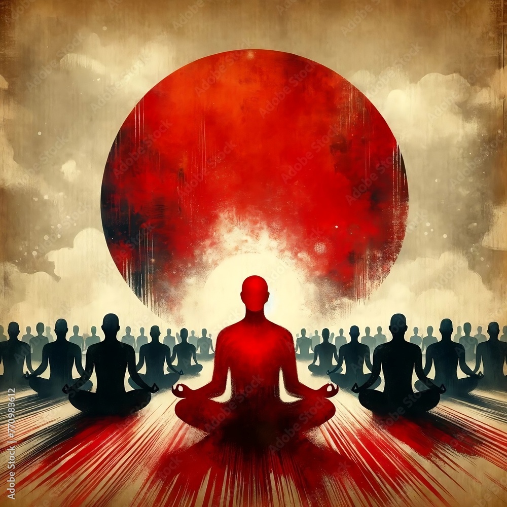 A serene collective meditation session scene with a large, central ...