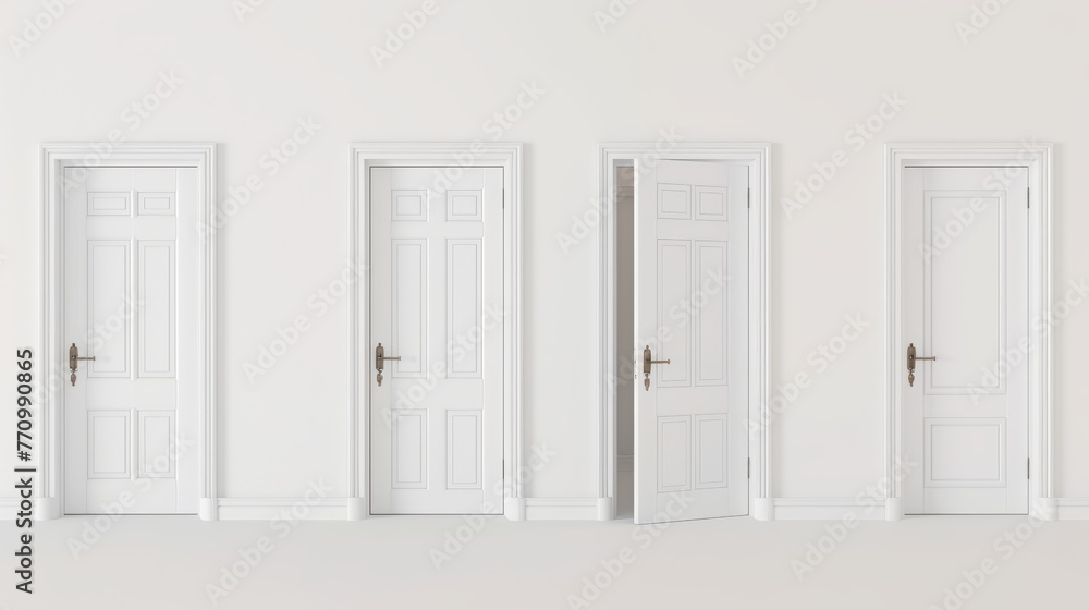 Various stages of opening of white wooden doors in a 3D rendering ...
