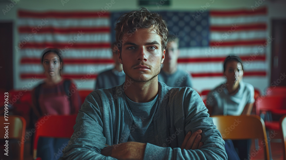 One man sitting on the only chair in the room, three people are ...