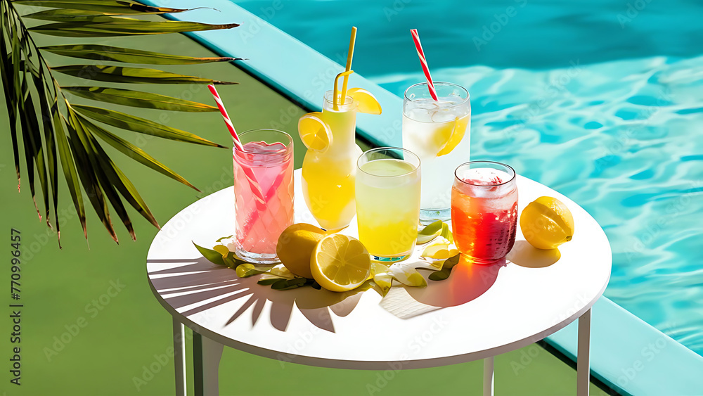 Various lemonade drink over green background white table with sunlight and palm leaf hard shadow ...