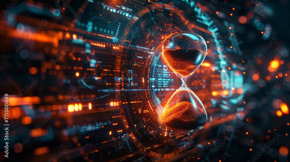 Hourglass with glowing particles on a futuristic circuit board. Concept ...