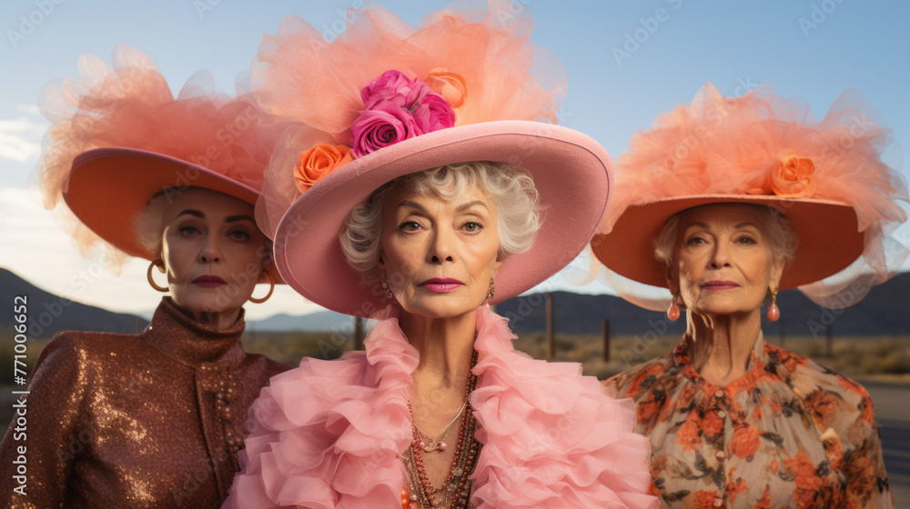 Three older women posing while wearing pink outrageous flat caps hats ...