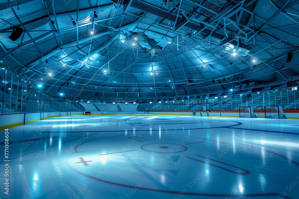 Inside a domed ice hockey arena, highlighting the ice rink and high ...