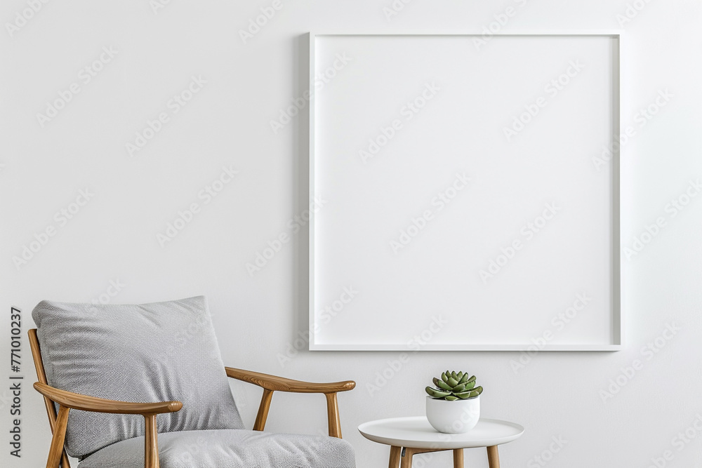 Modern and simple display featuring white empty frame on wall, stylish ...