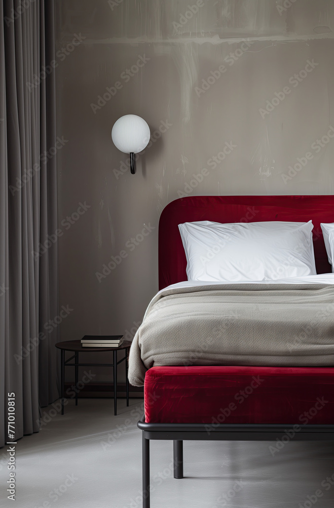 A red velvet bed frame with black metal legs and white pillows, in ...