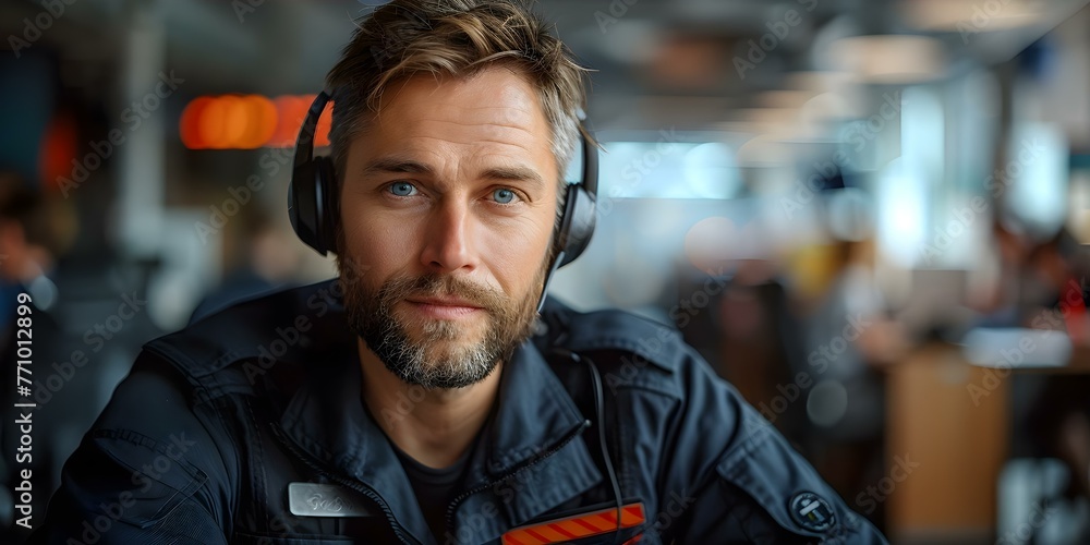 Police officer with headphones and microphone in a call center ...