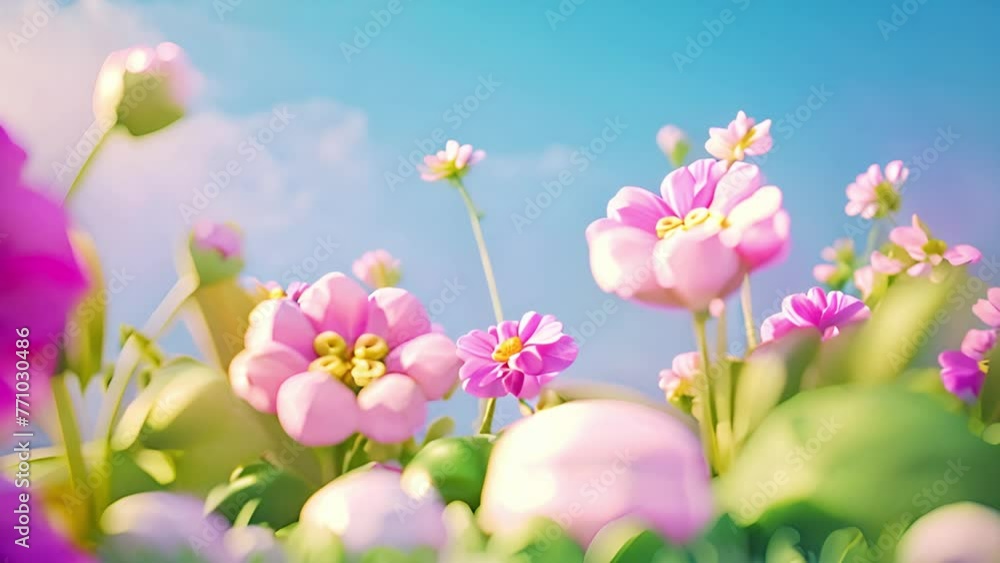 3d Animation cartoon happy spring flowers in blue sky. Fresh Green ...