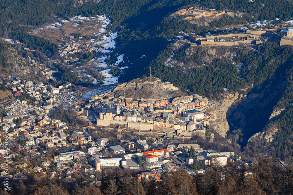 Aerial view of the walled city of Briançon built by Vauban on top of a ...