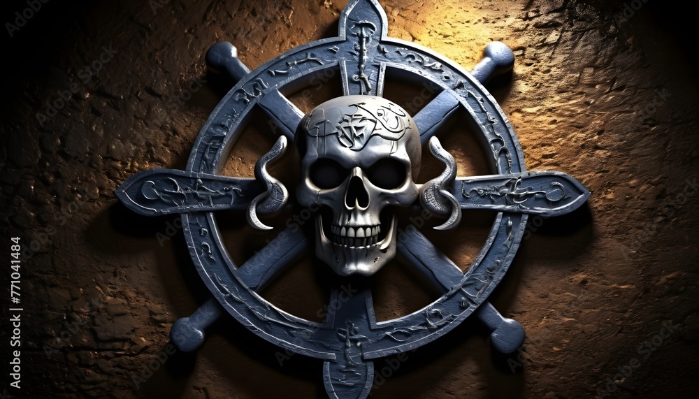 Pirate metal bronze and iron medal with skull and bones on stone ...