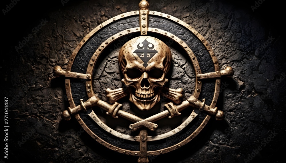 Pirate metal bronze and iron medal with skull and bones on stone ...