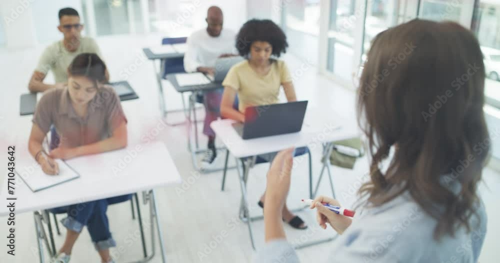 Vidéo Stock Teacher, students and writing on glass board in classroom ...