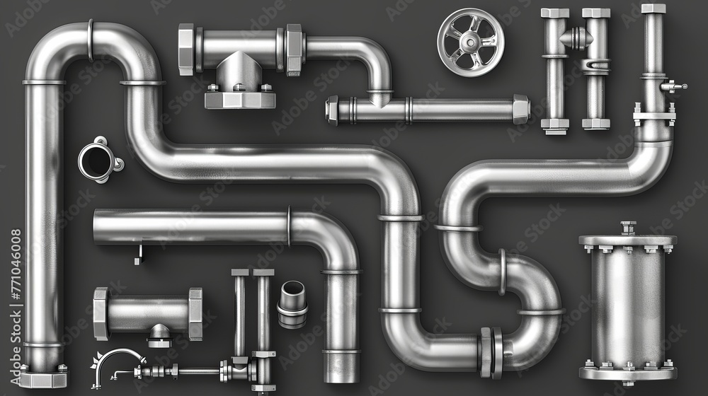 Stainless steel, metallic pipes, plumbing fittings.3D realistic vector ...