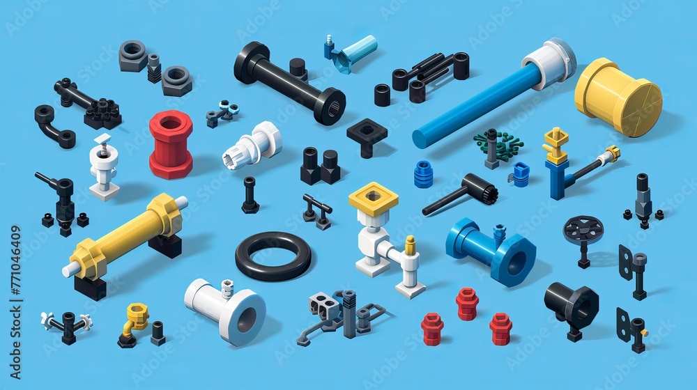 A collection of intricate construction pieces in vector 3D flat ...