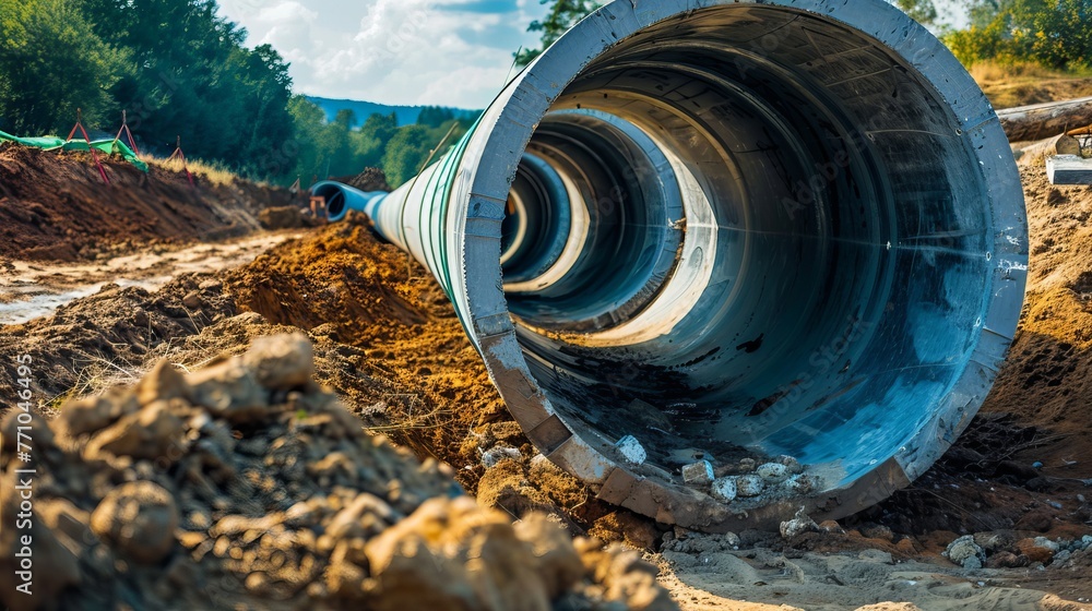 On the construction site are water pipes for the supply of drinking ...