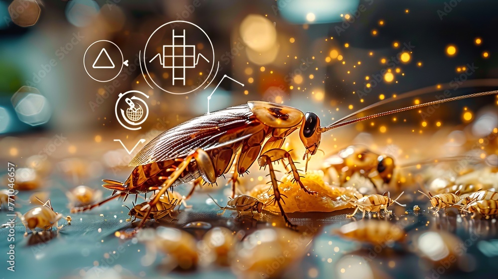 Cockroach leading smaller roaches, digital art concept with infographic ...