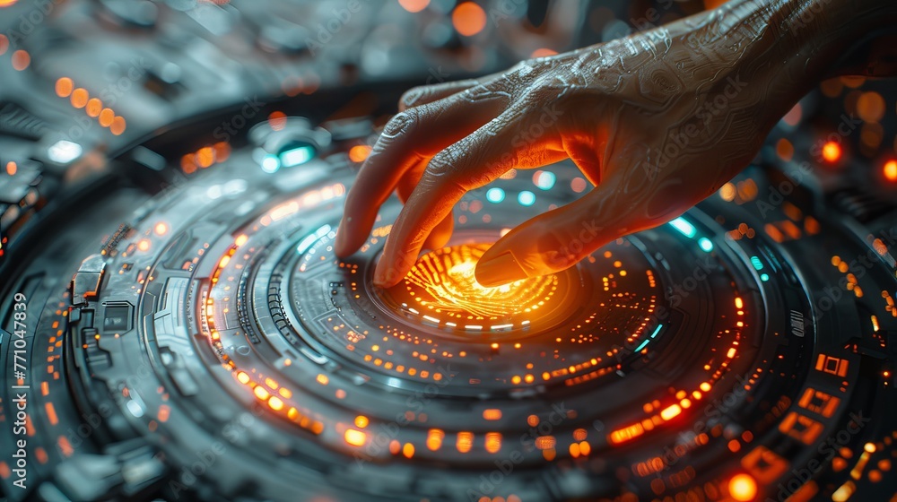 Digitalization Concept: Human Finger Pushes Touch Screen Button and ...