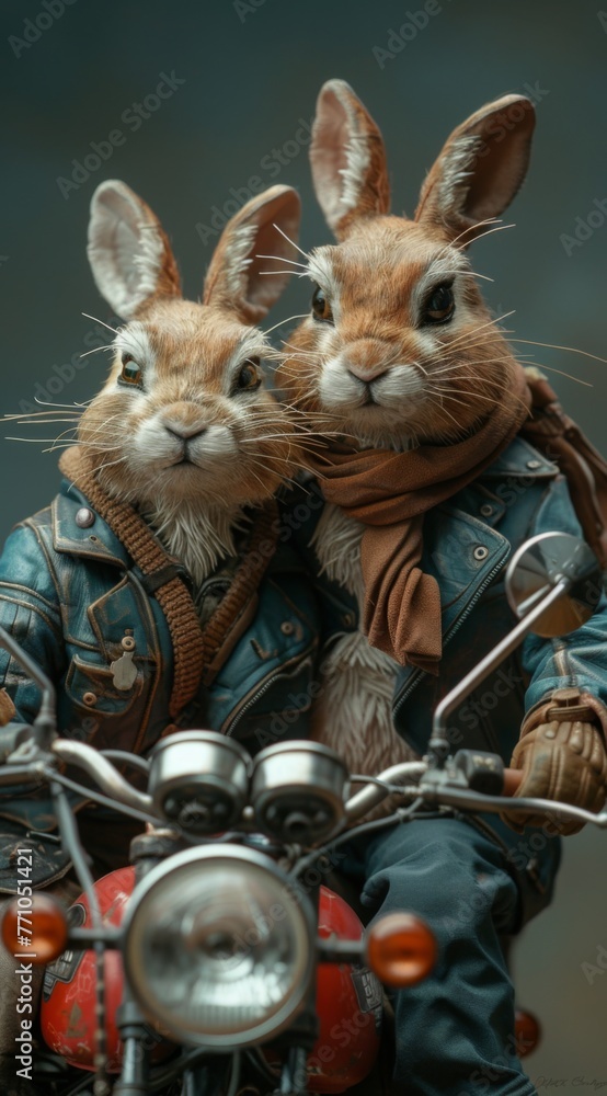 A couple of rabbits riding a custom motorcycle, in cartton style, in ...