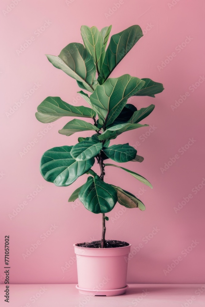Modern botanical print of Fiddle-leaf Fig plant, pink background ...