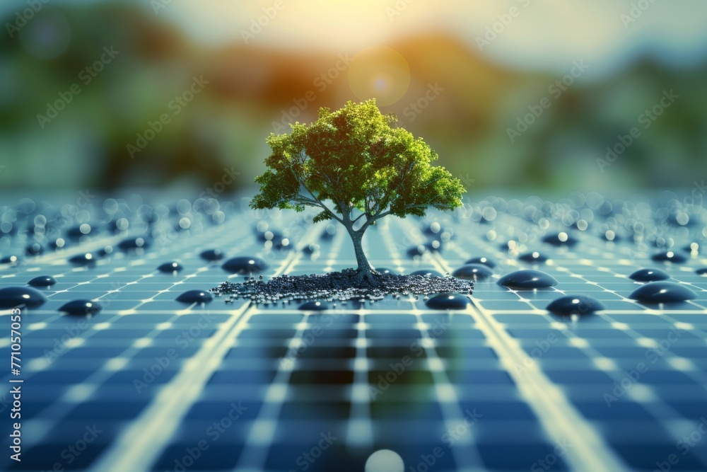 A young, vibrant tree sprouting from the center of a field of solar ...
