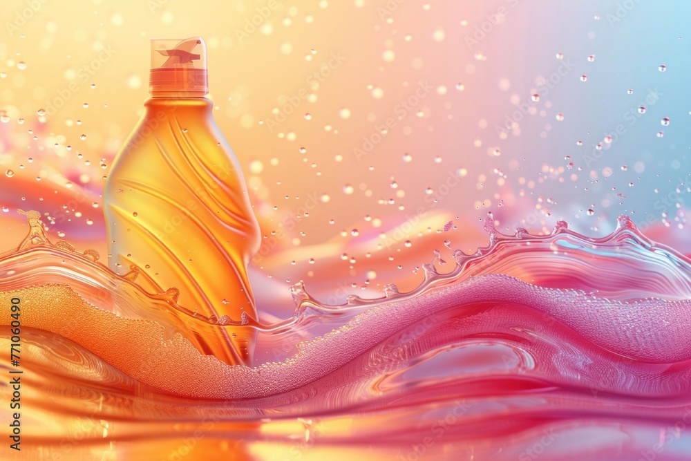 Orange translucent bottle of liquid laundry detergent with a splash on ...