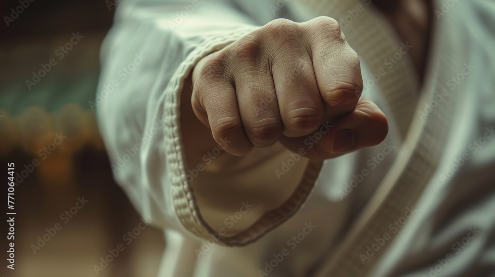 Close-up of a martial artist's clenched fist, wearing a white karate gi ...