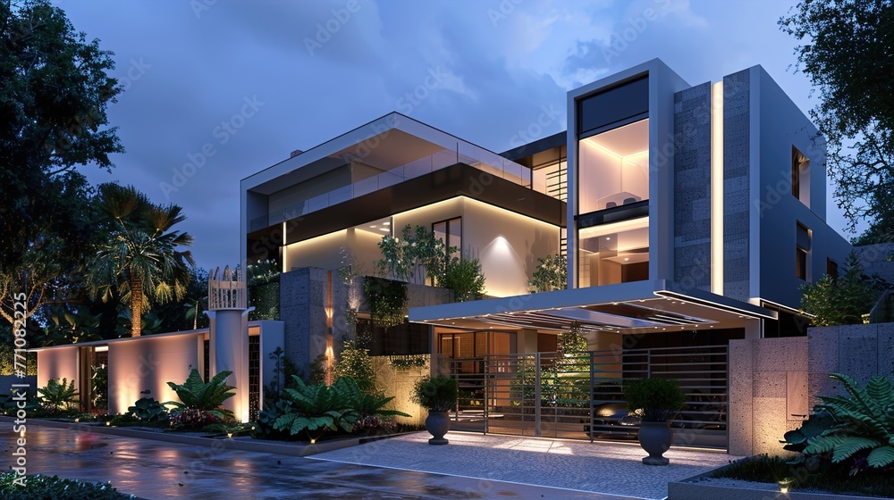 A futuristic main gate design with built-in LED lighting, illuminating ...