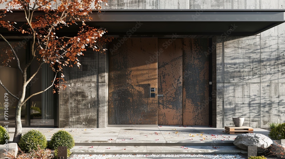 A grand main door crafted from reclaimed materials, its weathered ...