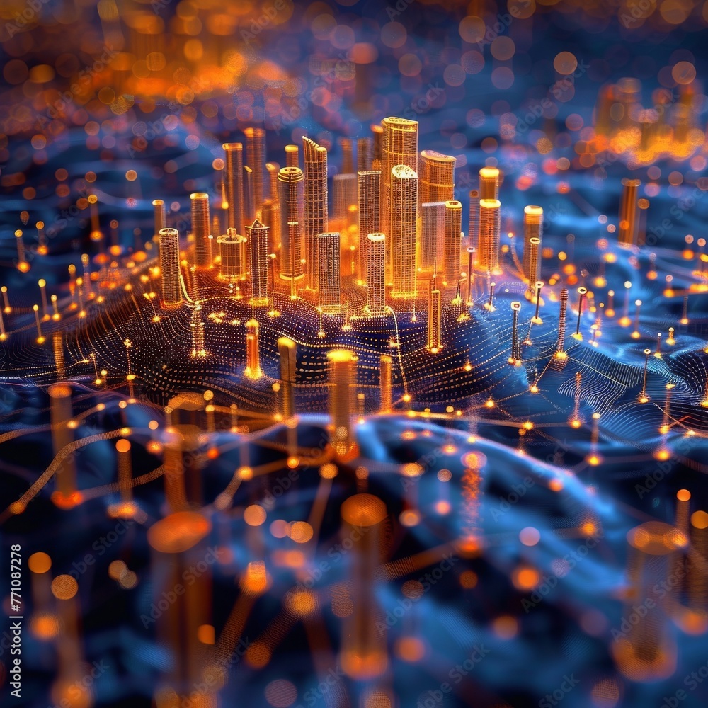 Macro of a digital mesh enveloping a model of a city depicting the ...