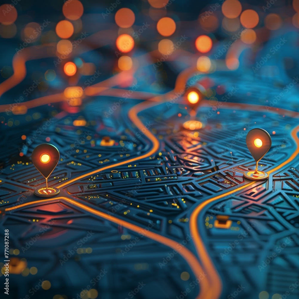 Macro of a GPS map with multiple delivery destinations showing the ...